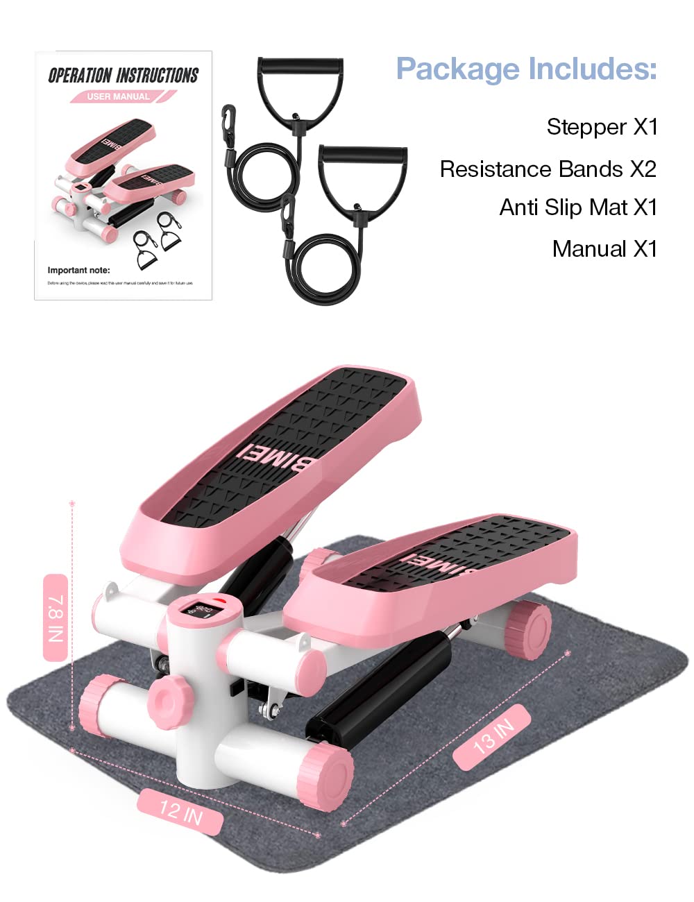 DACHUANG Mini Exercise Stepper, Stair Steppers with Resistance Bands, Fitness Stepper Exercise Machine with LCD Display Aerobic Step Fitness Machines for Home Office Workout Light Pink