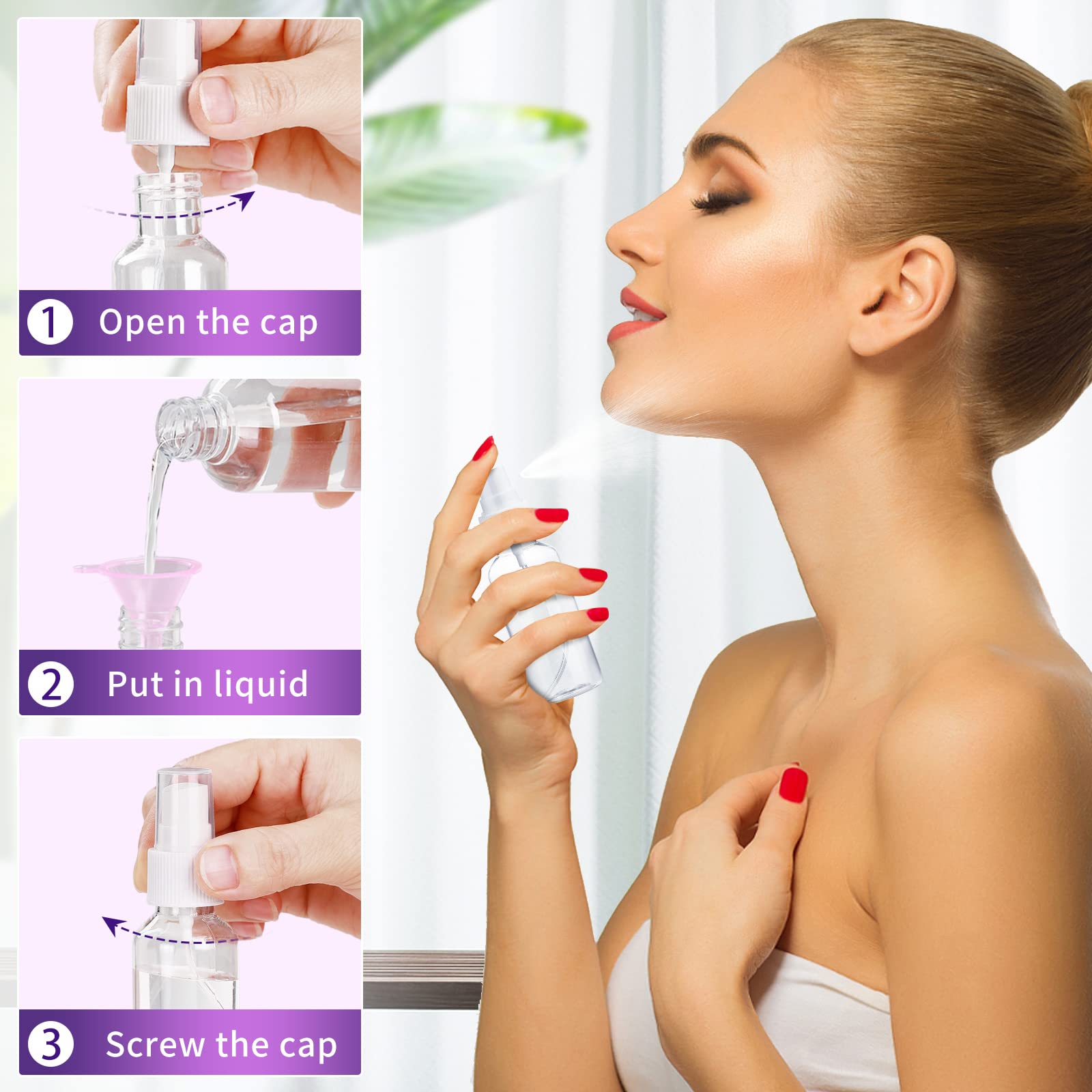 Mandydov 8 Pack Clear Empty Mini Little Spray Bottles, Fine Mist 2oz / 55ml Refillable Pocket Size Sprayer Plastic Mini Travel Bottle Set Makeup Bottles with 2Pcs Funnels and 4 Color Labels