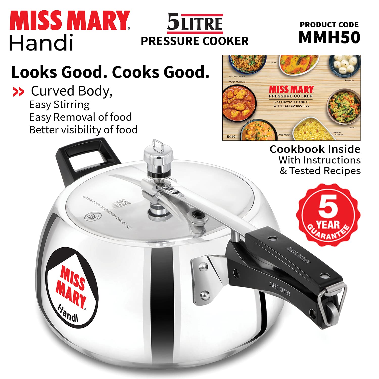 Hawkins 5 Litre Miss Mary Handi Pressure Cooker, Inner Lid Cooker, Silver (MMH50)