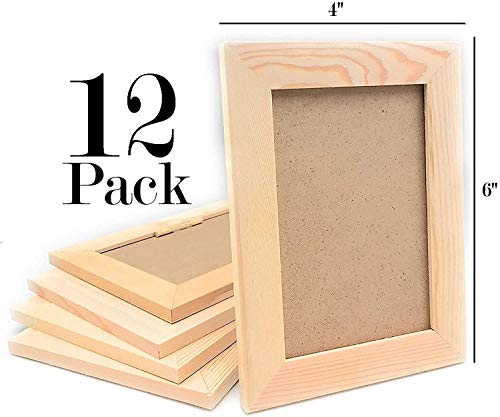 Pack of 12 Unfinished Solid Wood Picture Frames for Arts Crafts, DIY Painting Project Stand or Hang on The Wall 6x8 Frame Size Holds 6x4 Pictures for Kids Craft Birthday, School projects