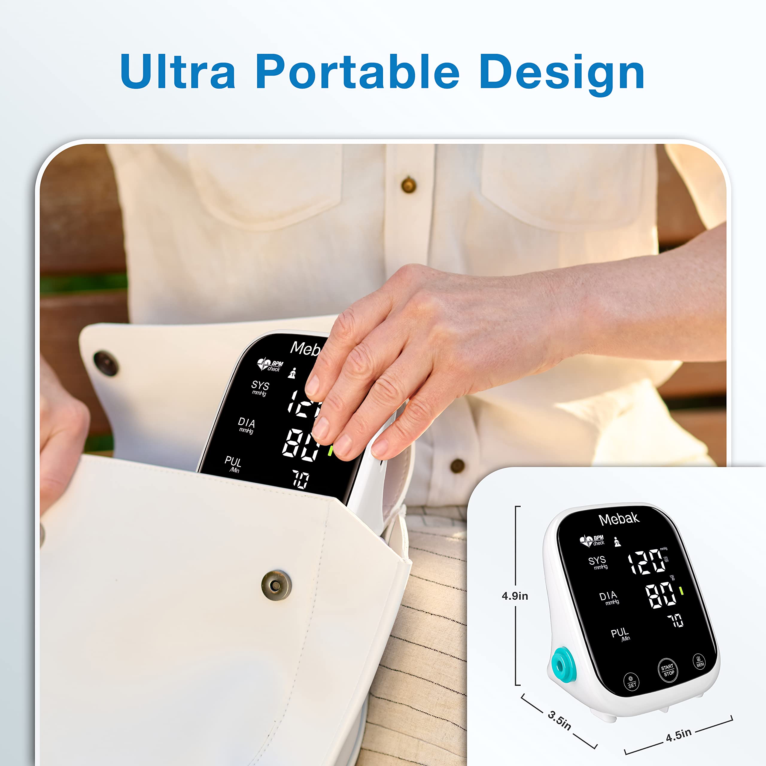 Blood Pressure Monitor Upper Arm, Mebak Automatic Digital BP Machine Cuffs for Home Use, Pulse Rate Monitoring with Large Display, 2x120 Memory