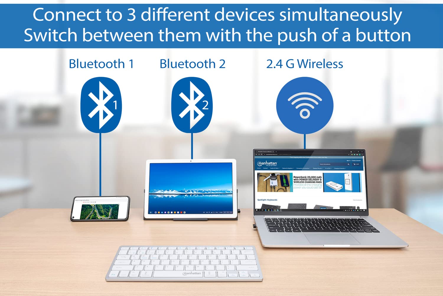 Manhattan Small Bluetooth Wireless Keyboard - Dual Modes of 2.4G + Bluetooth 4.2 - Connects Up To 3 Devices – Slim Mini Size – for Tablet, Mac, iPad, Apple, Android, Windows –3 Yr Mfg Warranty –180566