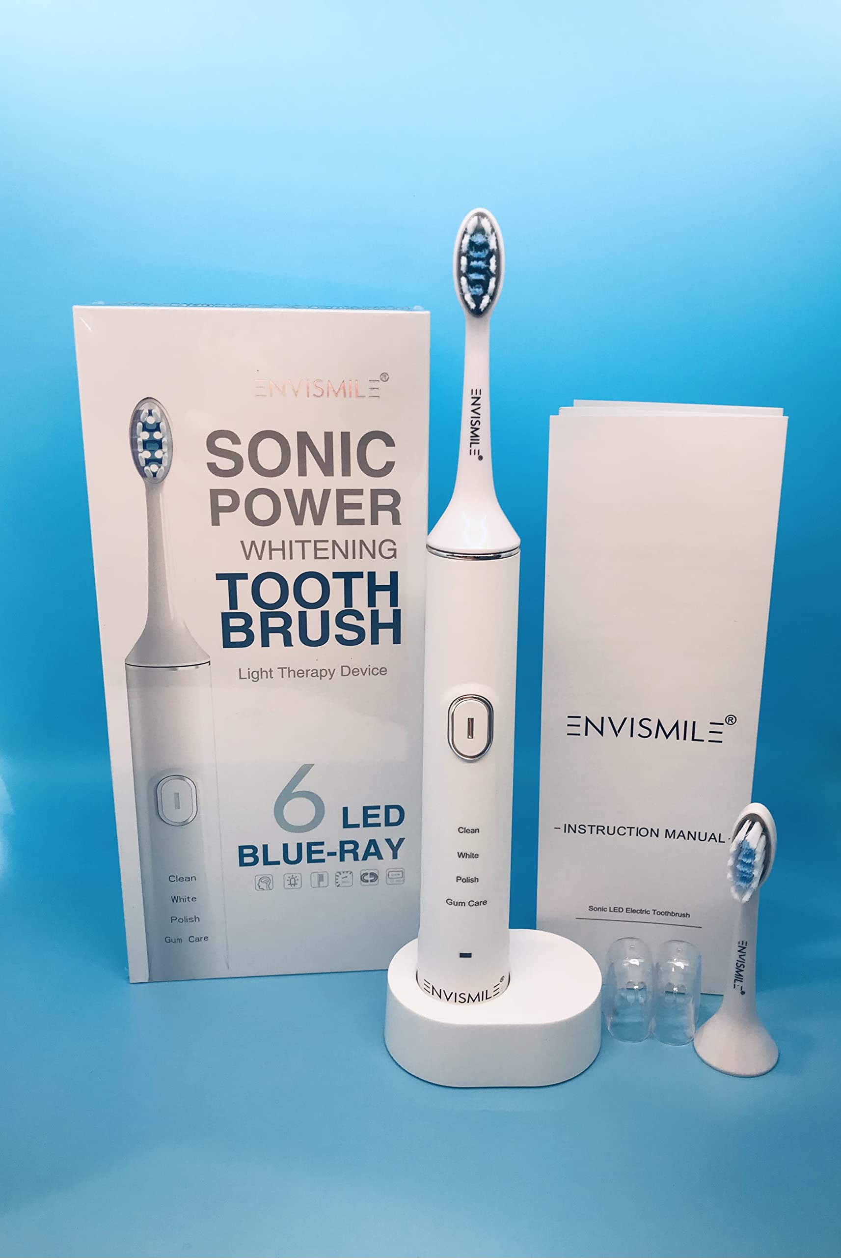 ENVISMILE Sonic Electric Toothbrush Blue LED Teeth Whitening - 4 Modes Clean, Sensitive, Polish, Gum Care, Prevent Bleeding Gums