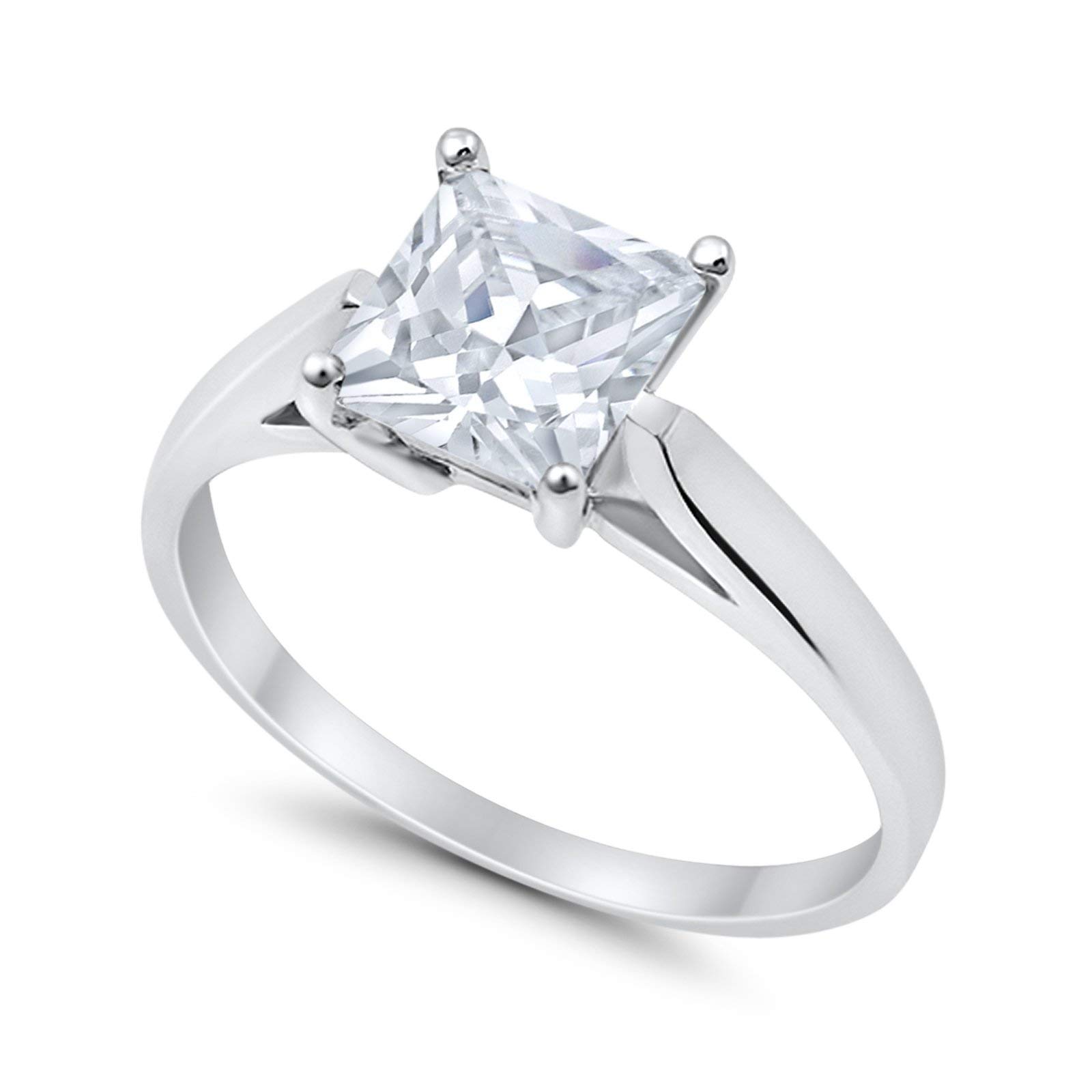 Blue Apple Co. Simulated Cubic Zirconia Size-7 Solitaire Wedding Engagement Bridal Ring Princess Cut Square CZ 925 Sterling Silver