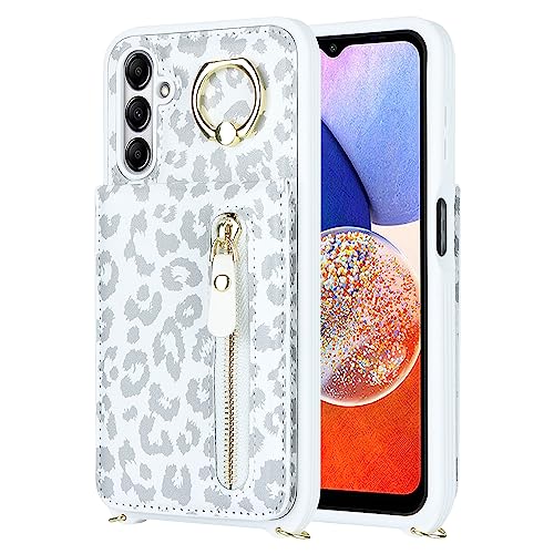 Jaorty Samsung Galaxy A14 5G Phone Case for Women with Card Holder,Crossbody Phone Case for Samsung Galaxy A14 with Strap Lanyard,Credit Card Slots Kickstand Case with Ring Holder,White Leopard