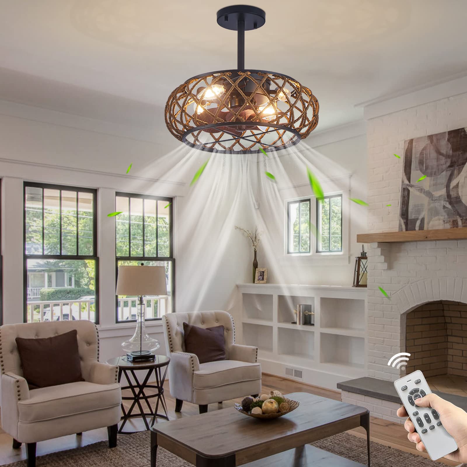 Buevea Caged Ceiling Fans with Lights Remote Control, 16'' Farmhouse Rattan Low Profile Ceiling Fan with Lights, Small Bladeless Celling Fan for Bedroom, Kitchen