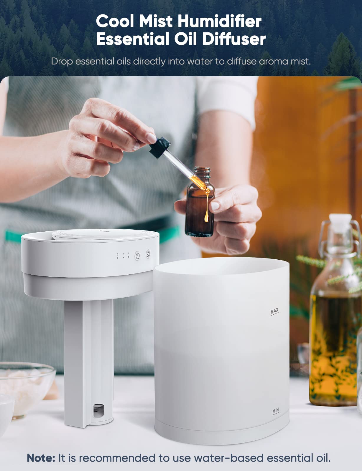 Xburan Cool Mist Humidifiers for Bedroom, 3.5L Top-Fill Air Humidifier & Essential Oil Diffuser with Ambient Light, 3 Mist Levels, Quiet Operation, 32-Hour Duration, Humidifiers for Large Room Baby Plants,White