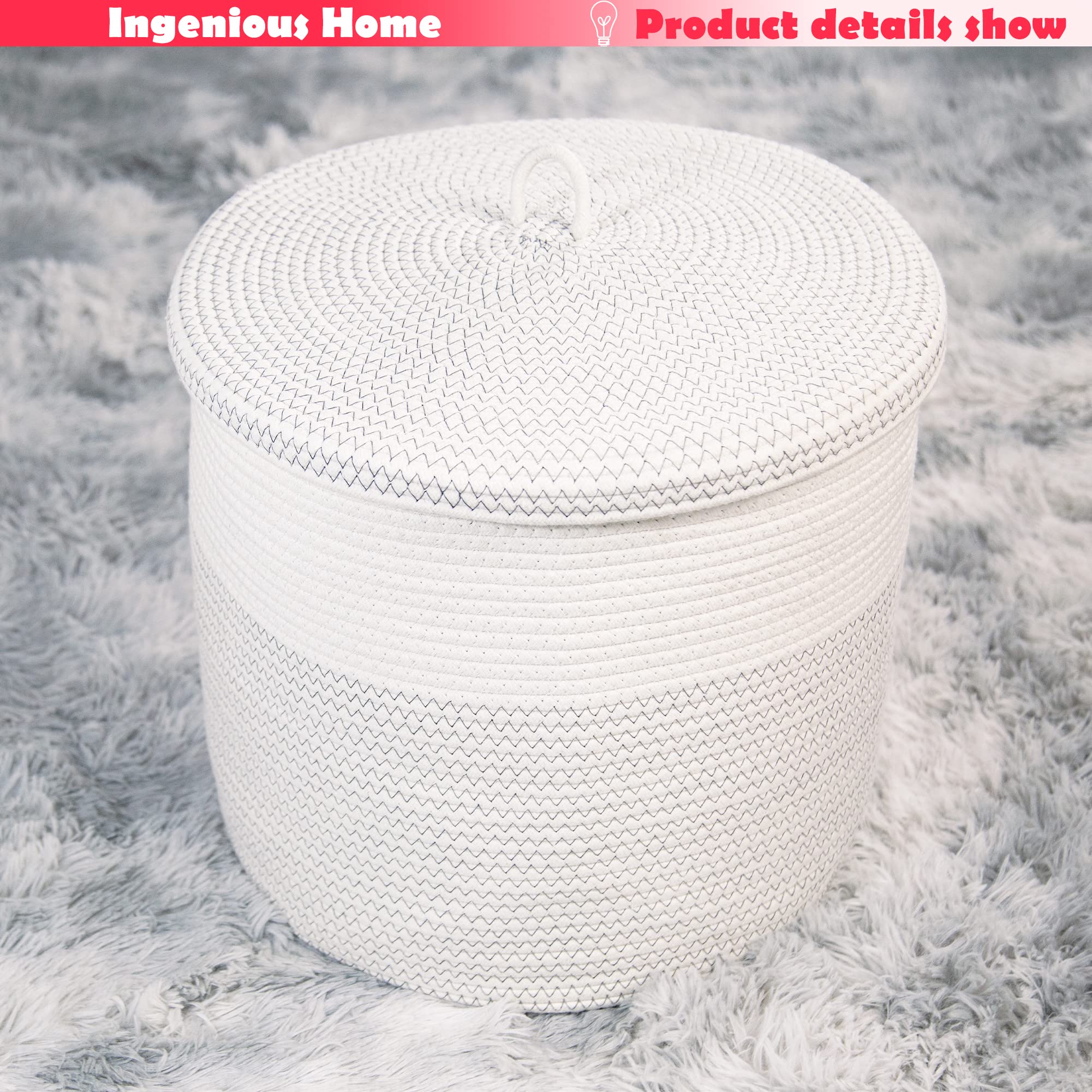 Ingenious Home –basket with lid, woven baskets for storage, nursery hamper with lid, for room living room decorative storage, multi-Purpose lidded basket( Gray line 16D x 14H inch)