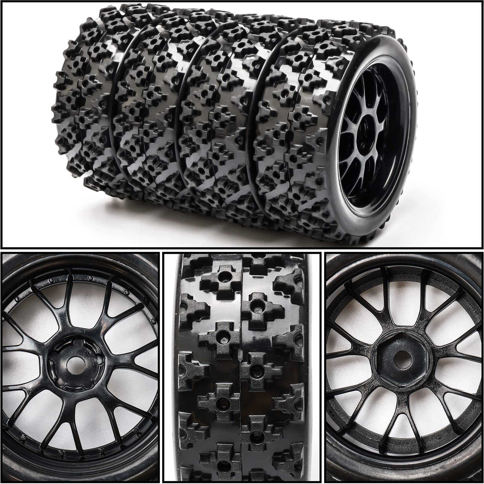 JIUWU 4 Pcs Black 1:10 Scale RC Tires Wheel Rims Crossing Rubber On Road Parts