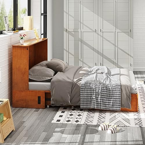 MUZZ Queen Size Murphy Cabinet Bed with Memory Foam Mattress, Charging Station and Large Drawer (Queen, Cherry with Handles)