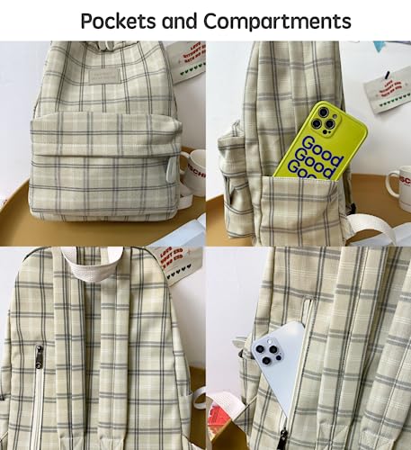 JHTPSLR Light Academia Aesthetic Backpack Plaid Preppy Backpack Teen Girls Book Bags Back to School Backpack Supplies (Light Grey)