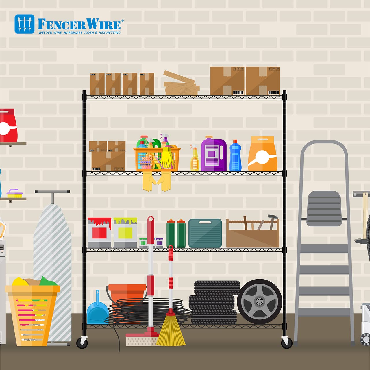 Fencer Wire 4-Tier Commercial Grade Heavy Duty Adjustable Height Wire Shelving w/Casters & Leveling Feet, Garage Shelving Storage Organizer, Storage Metal Steel Shelf, Utility Storage Shelf, Black.