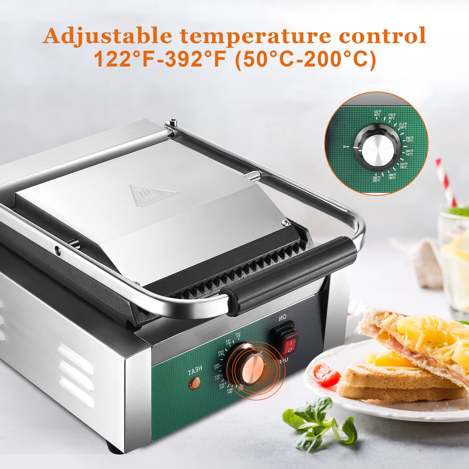 Commercial Panini Press Sandwich Maker, BOEASTER 2200W Cast Iron Sandwich Press 122°F-392°F Panini Grill Non Stick for Hamburgers Steaks Bacons Sandwiches Sausages