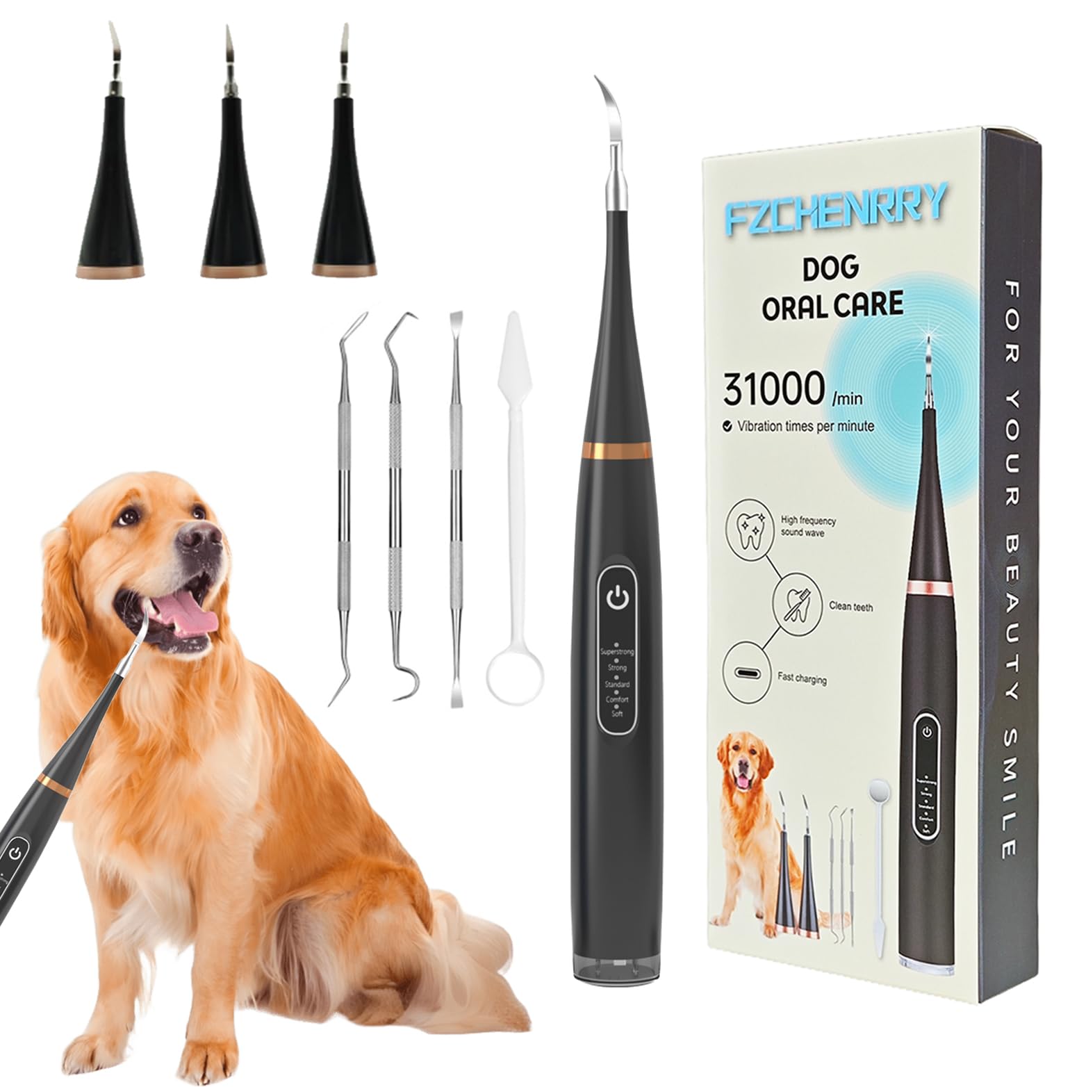 FZChenrry Plaque Remover for Teeth,Pet Ultrasonic Cleaner,Teeth Cleaning Kit for Tartar and Stains,5 Modes with Dental Tools Scaler Scraper