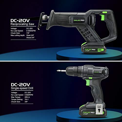 GALAX PRO 20 V Max Cordless Combo Kit, 20 N.m Impact Drill Driver, Reciprocating Saw 0-3000 SPM, 1.3 Ah Li-ion Battery Pack with Charger and 7 Pieces blades