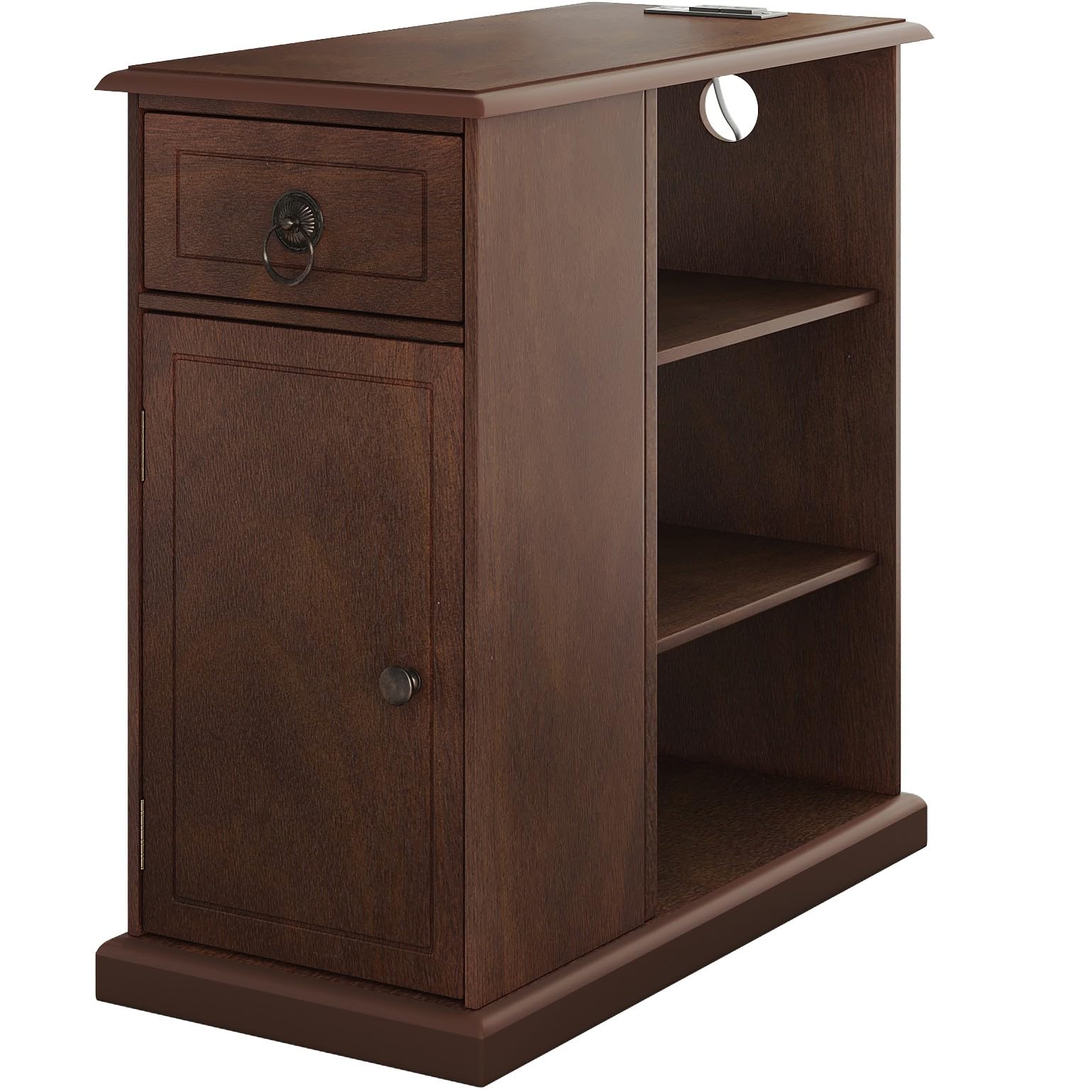 ChooChoo Farmhouse XXL End Table with Charging Station,Narrow Sofa Side Table with Adjustale Shelf, 3 Tier Rustic Night Stand for Small Place Living Room, Cherry Brown