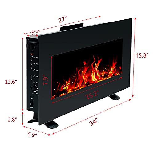 Jarka&Co 34 Inch Wall Mounted Electric Fireplace, Freestanding or Hanging Portable Room Heater with Remote