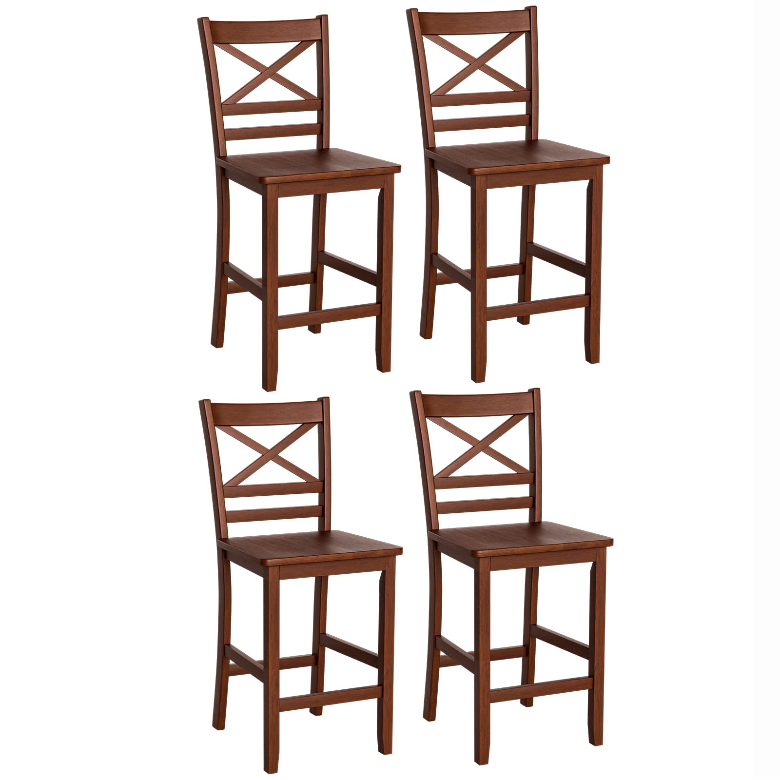 COSTWAY Bar Stools Set of 4, 25'' Antique Kitchen Counter Height Chairs with Wooden X-shaped Backrest & Rubber Wood Legs, Suitable for Home, Cafe Store, Restaurant (4)