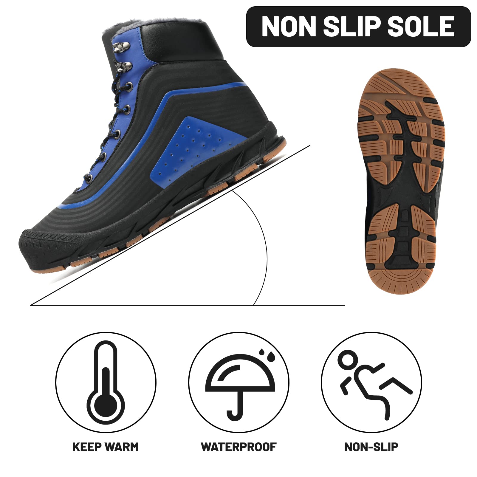 Dahocri Men’s Snow Boots, Insulated Waterproof Winter Shoes Warm Fur Lined Anti-Slip Ankle Boot for Hiking, Backpacking and Construction - Blue 43