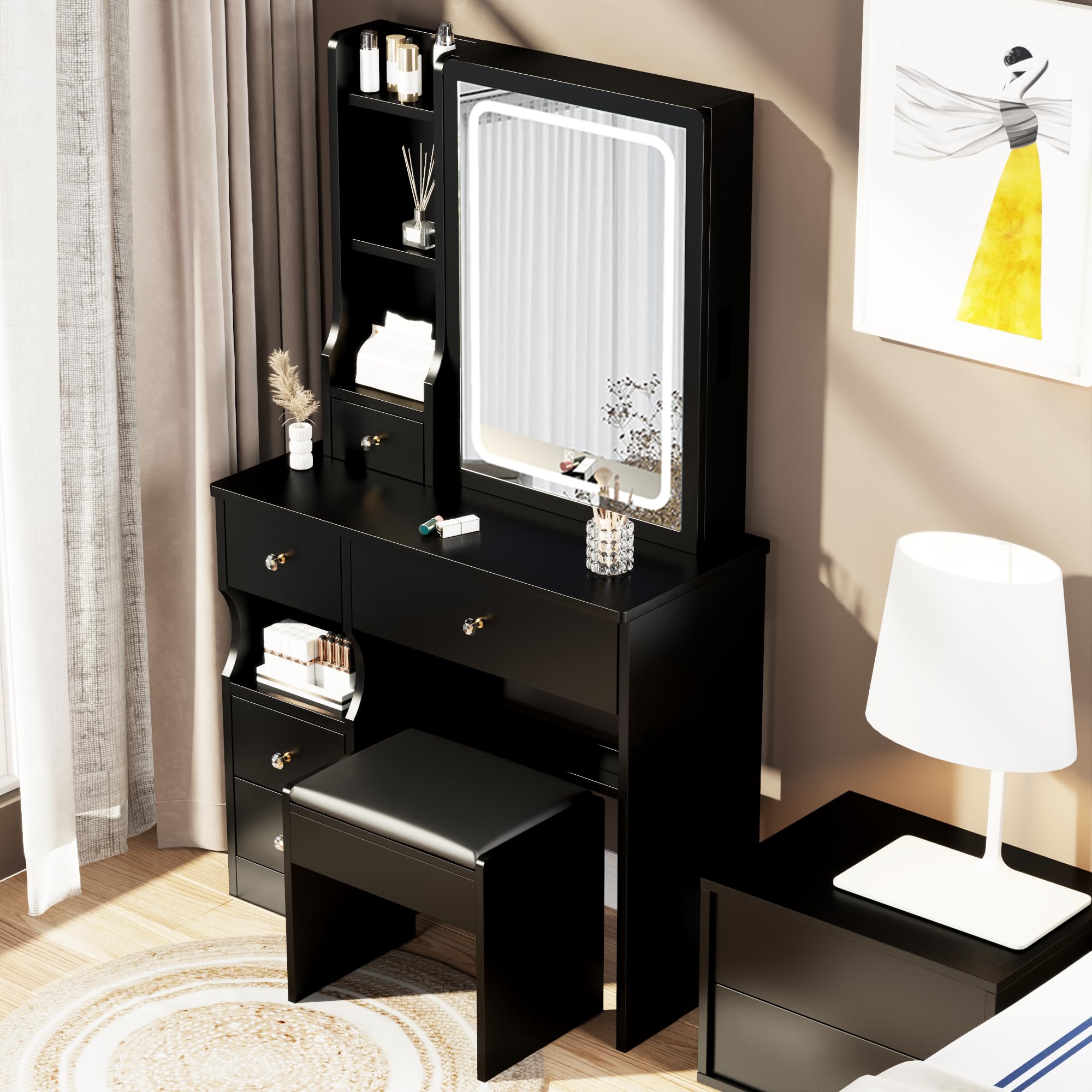 Elevon Small Makeup Vanity Desk with Sliding Mirror LED 3 Lighting Adjustable, Vanity Table Set with 5 Storage Drawer & Chair & Shelves Bedroom Furniture, Black