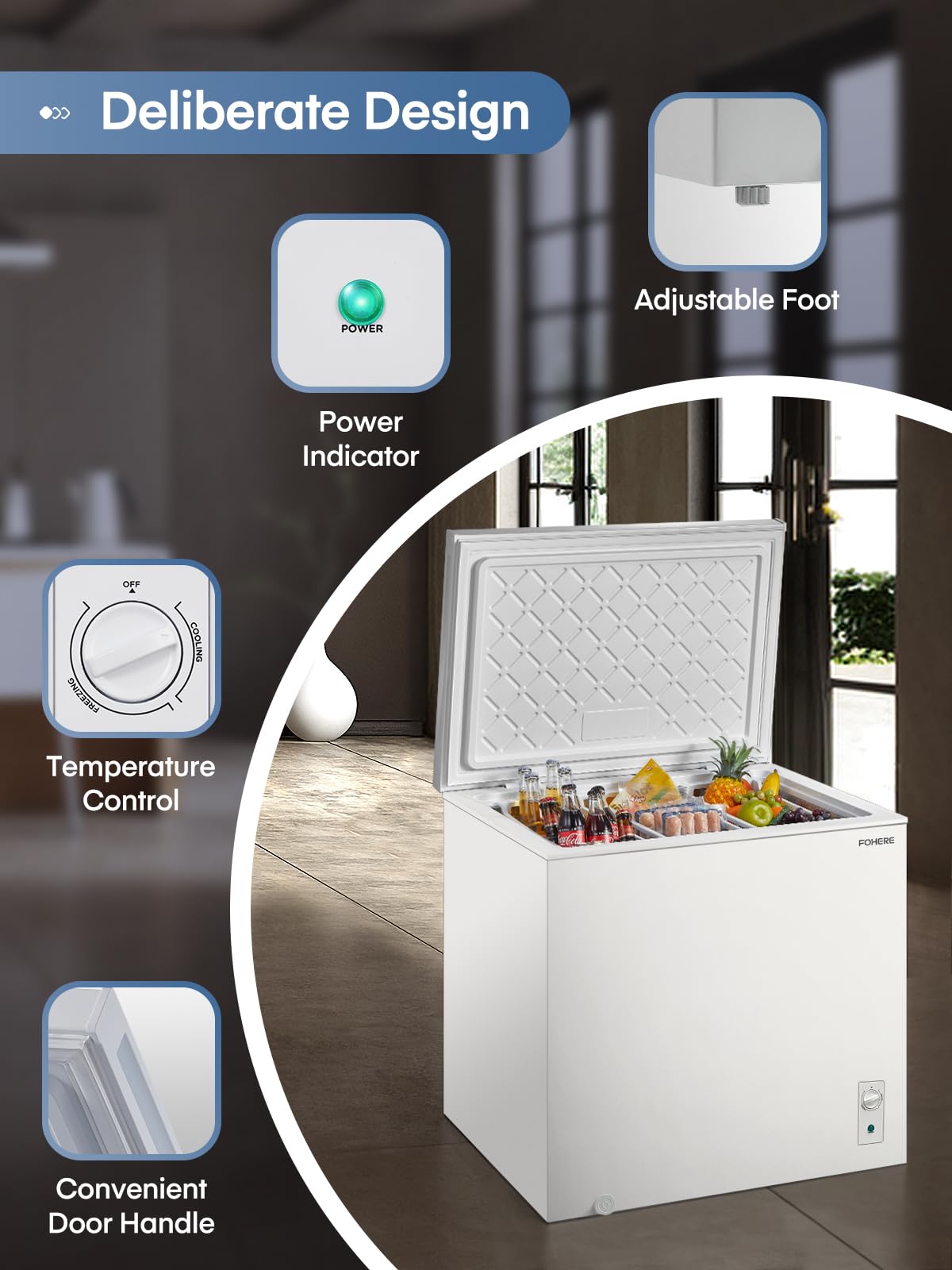 FOHERE 7.0 Cu.Ft Chest Freezer, Compact Deep Freezer with Three Removable Basket, Free Standing Top Open Door, Adjustable Temperature, For Kitchen Garage Office Bar, White