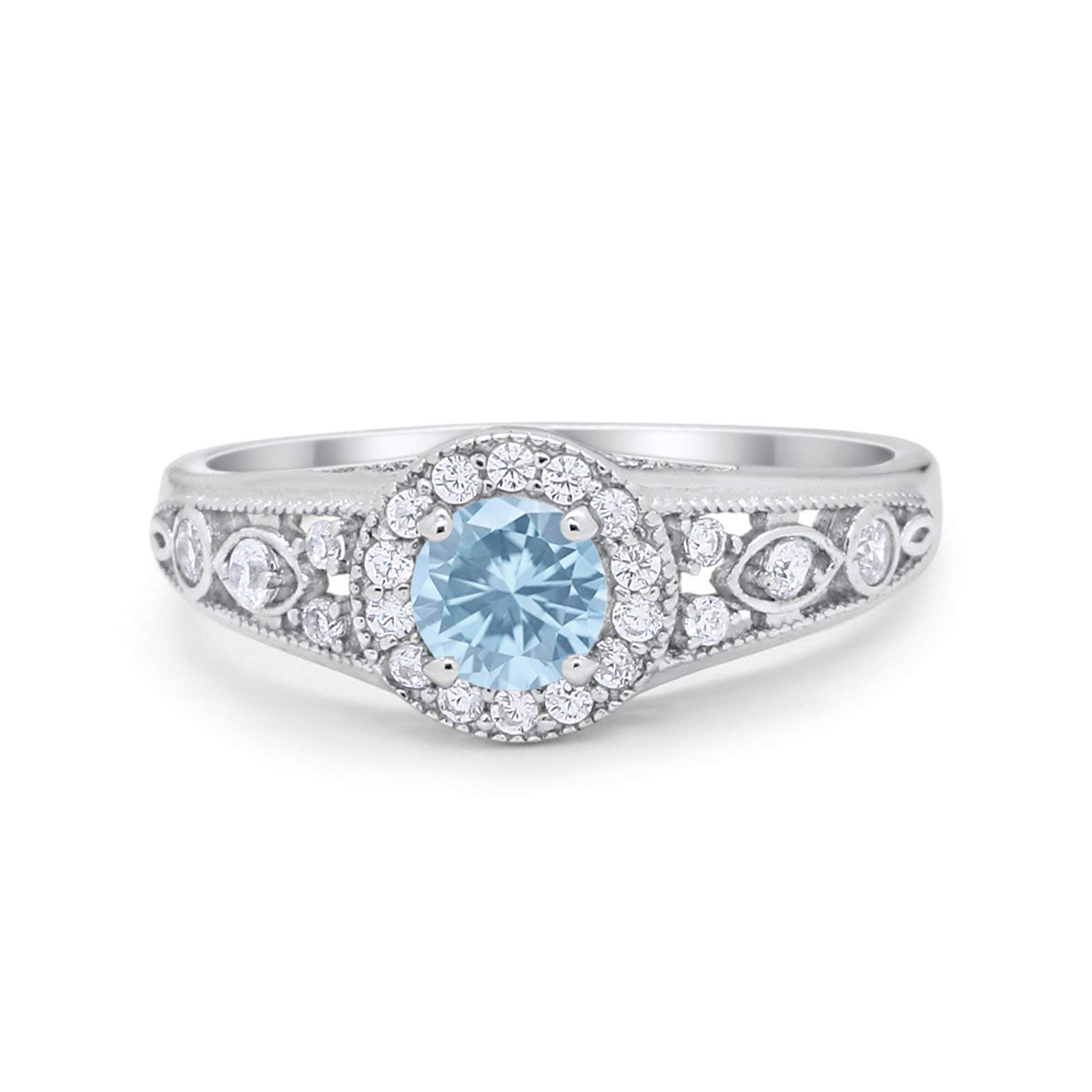 Blue Apple Co. Vintage Style Art Deco Bridal Wedding Engagement Ring Halo Round Simulated Aquamarine Cubic Zirconia 925 Sterling Silver Size-10