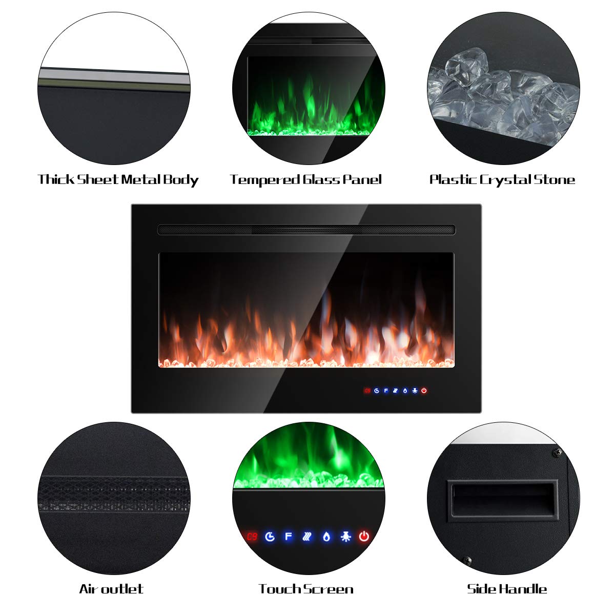 COSTWAY 36-Inch Electric Fireplace, 750W/1500W Wall Recessed and Mounted Fireplace Insert with Remote Control, 9 Flame Colors, 5 Brightness Settings, 8 H Timer, Fireplace Heater for Indoor Use