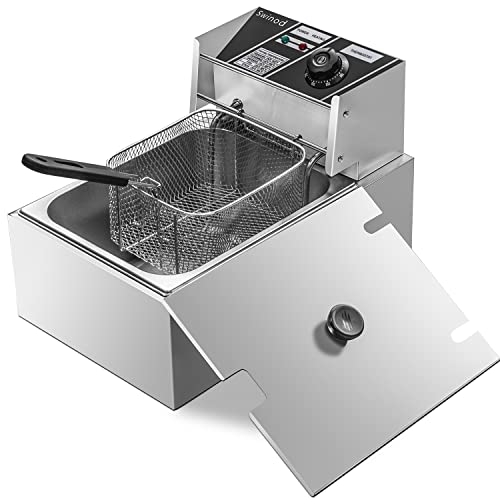Swinod Deep Fryer with Basket and Lid Capacity 6L Stainless Steel Single Tank Countertop Fryer for Home and Commercial