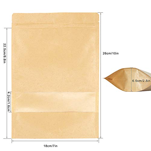 SumDirect Kraft Zip Lock Stand Up Bags Pouches with Notch and Matte Window,7X10 Inches,9.5oz,Pack of 50