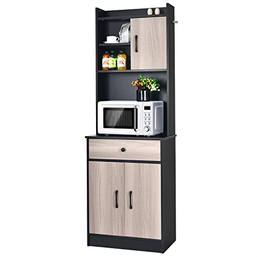 COSTWAY Kitchen Pantry Storage Cabinet, 71” Tall Buffet Hutch Cabinet with Microwave Stand, Adjustable Shelves, Drawer, Freestanding Buffet Cabinet with Storage for Dining Room, Home, Black