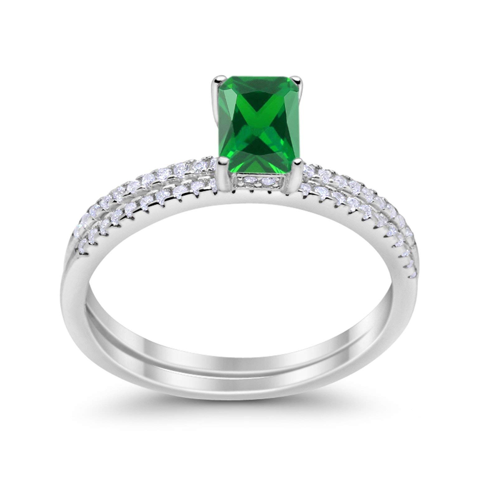 Blue Apple Co. Art Deco Two Piece Wedding Engagement Bridal Set Radiant Simulated Green Emerald CZ 925 Sterling Silver Size-8