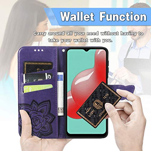 PU Leather Wallet Flip Protective Phone Case with Wrist Strap Card Slots Holder Pocket Emboss Butterfly Flower Stand Case for Samsung Galaxy A32 5G Purple