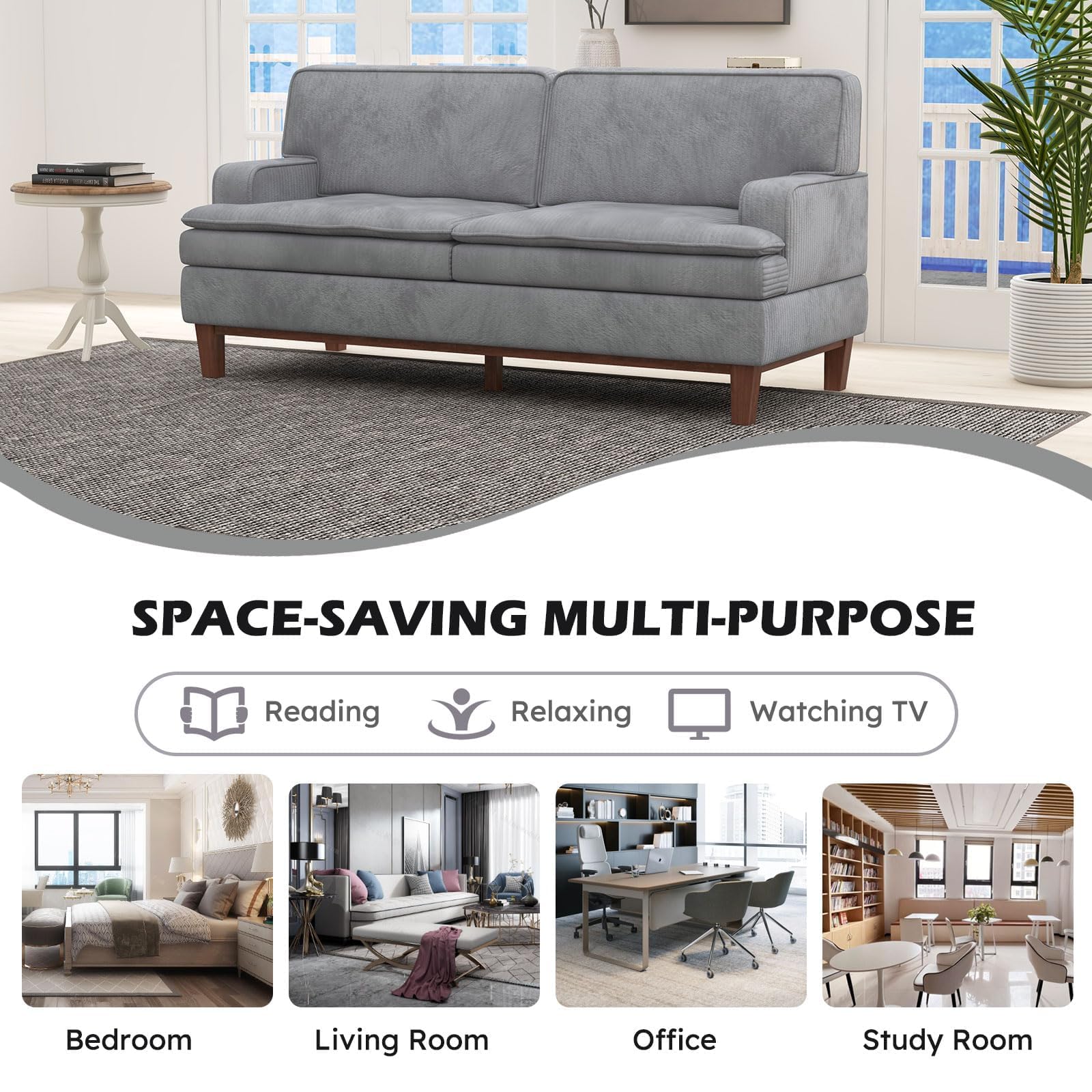 EBELLO 75” Soft Luxury Corduroy Fabric Sofa, Small 3 Seat Sofa for Living Room with Padded Seat, Overstuffed Backrest, Solid Wood Frame Small Sofa for Small Space, Apartment, Grey