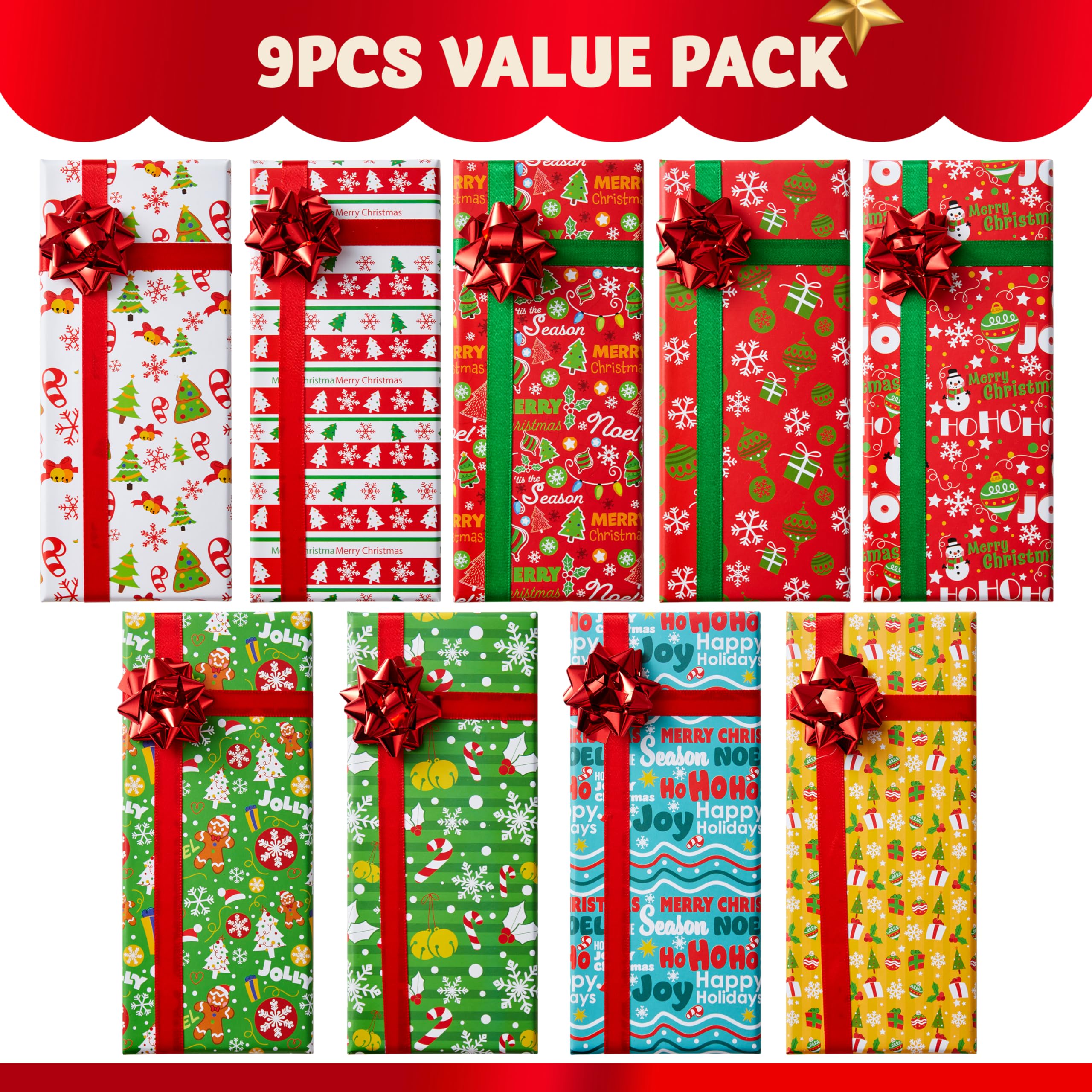 JOYIN 9PCS Present Gift Card Box with Bow, Christmas Cash Money Holder Boxes, Present Card Holder, Xmas Party Favor Gift Wrapping Boxes (6.5'' x 2.8'' x 0.8'')