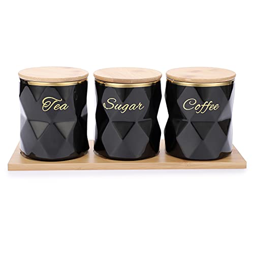 JUXYES Set of 3 Ceramic Canisters Set for Sugar Coffee Tea, Luxurious Storage Containers Sets with Lids Decorative Storage Pots Black Ceramic Storage Jar for Kitchen Counter Dining Room
