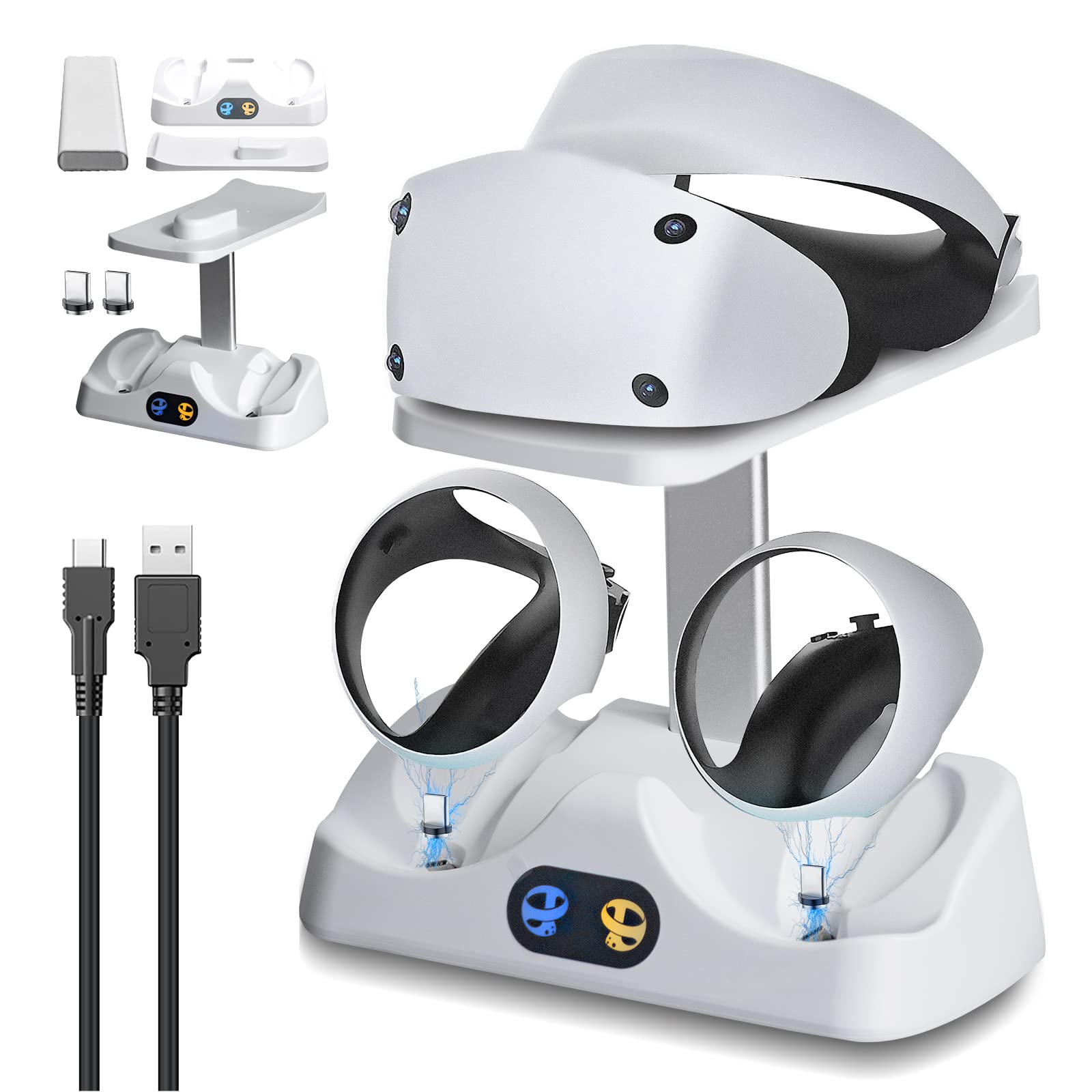 Charging Station for PS VR2, PSVR2 Controller Charging Station Dock with VR2 Headset Display Stand, PS VR2 Controller Charger with Led Indicator, 2 Magnetic Clasps & Type-C Charging Cable