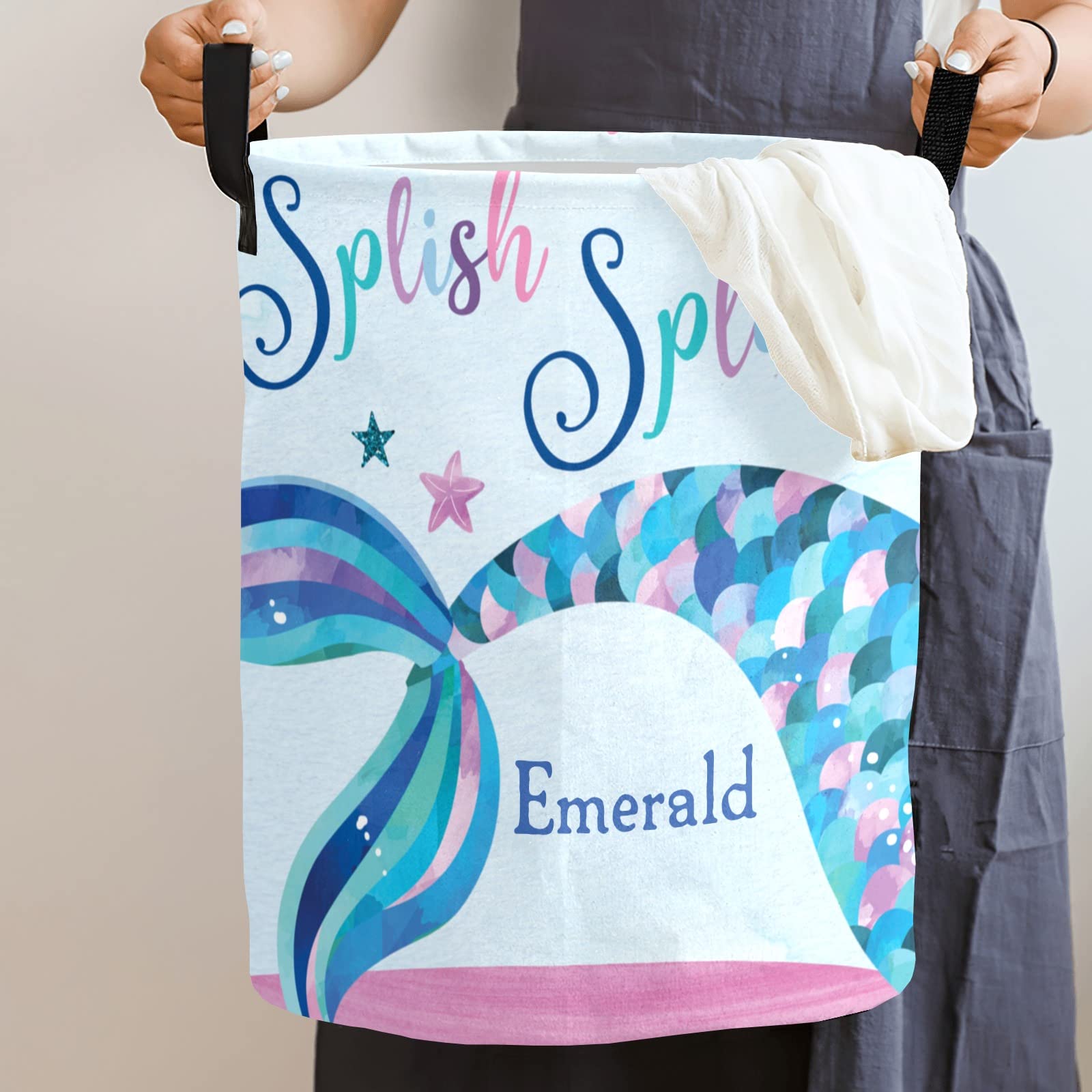 Custom Fantasy Watercolor Mermaids Laundry Basket Handles Collapsible Hamper Foldable Storage Bin Living Room Office Bathroom Bedroom