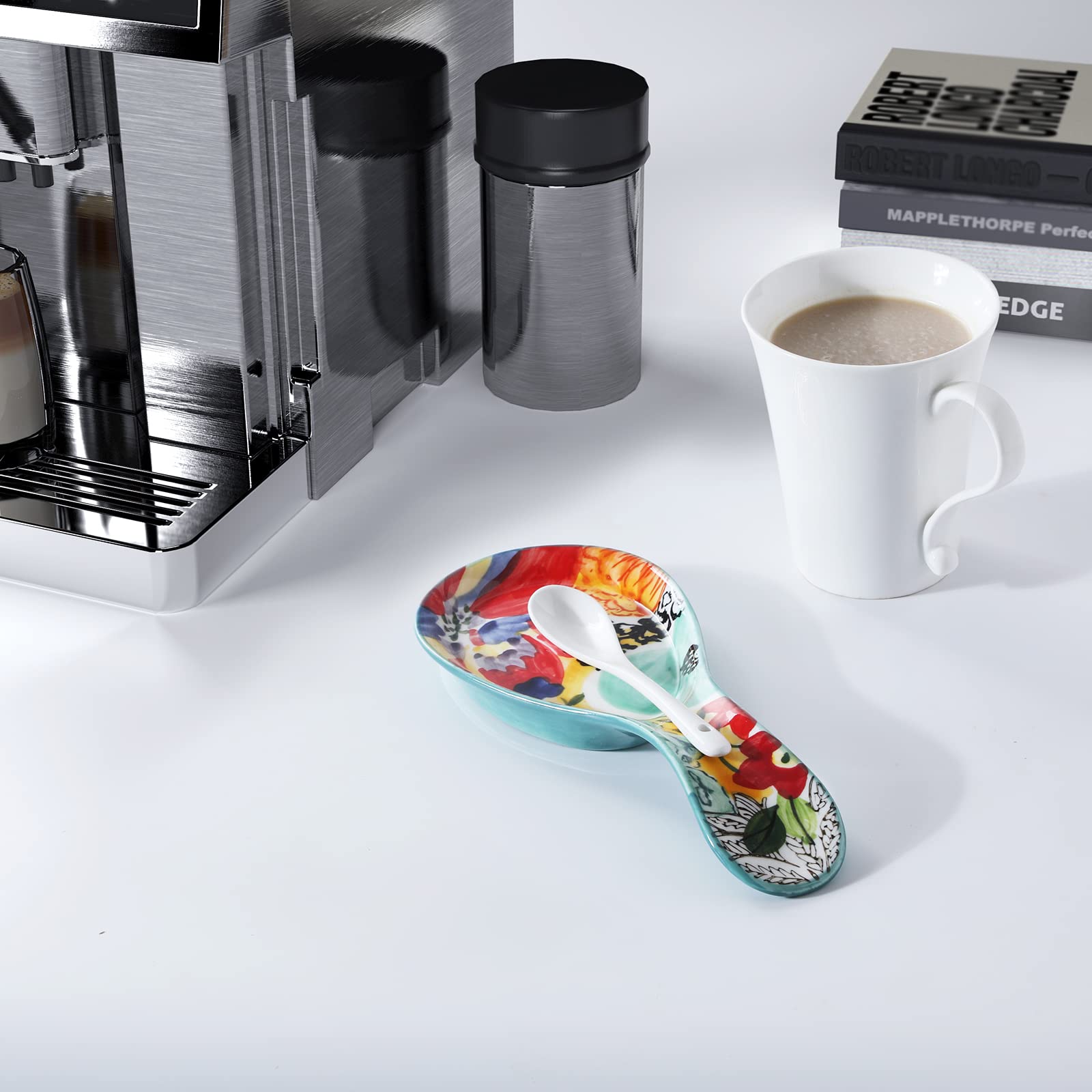 Colorful Hand Painted Spoon Rest - Ceramic Large Spoon Holder for Kitchen Counter Stove Top, Dishwasher Safe, Multicolor (1 Pack)