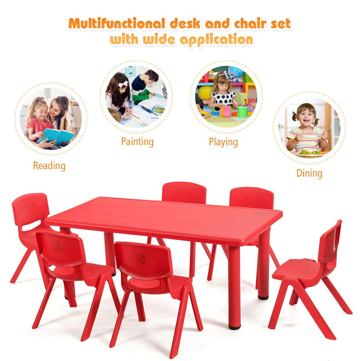 Costzon Kids Table and Chair Set, 6 Pcs Stackable Chairs, 47 x 23.5 Inch Rectangular Plastic Activity Table Set for Children Reading Drawing Playing Snack Time, Toddler School Furniture (Red)