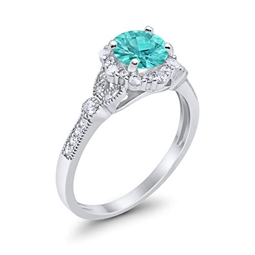 Blue Apple Co. Simulated Paraiba Tourmaline CZ Size-8 Floral Art Deco Halo Engagement Wedding Ring Round Simulated Cubic Zirconia 925 Sterling Silver