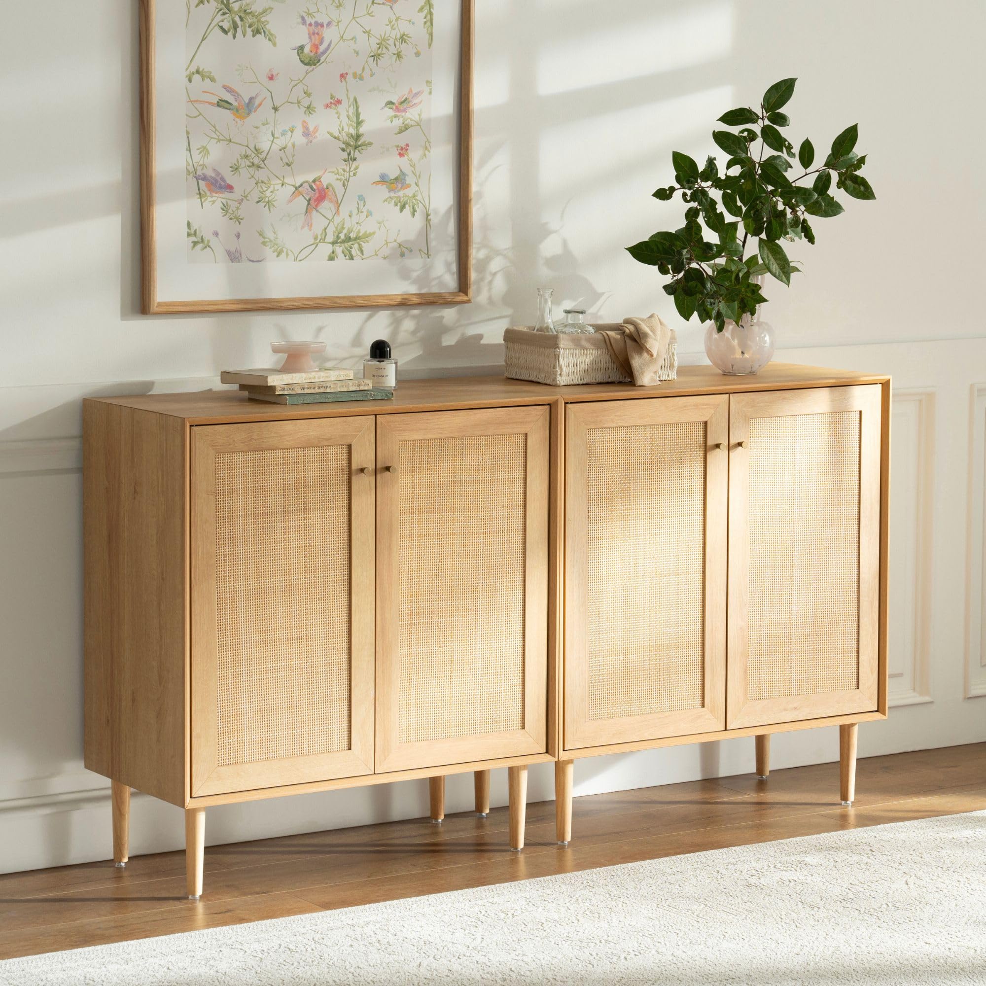 EYYTHUNG Rattan Storage Cabinet Set of 3 Accent Sideboard Cabinet, Boho Buffet Kitchen Bar Cabinet Farmhouse Credenza Cabinet with Adjustable Shelves for Dining Room (Square Doors/Oak)