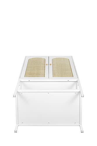 QEIUZON Wardrobe Closet, Rattan Freestanding Wardrobe Cabinet with Storage Cubes & Hanging Rod, Bedroom Armoire Clothes Organizer, 2-Doors-White
