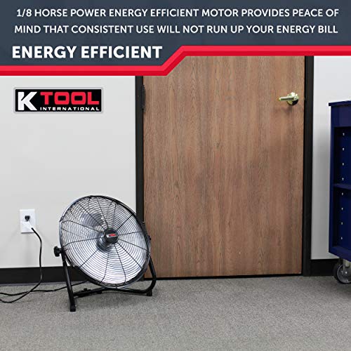 K Tool International 77721; 18” Floor Fan; Commercial, Residential, and Industrial Use, 3 Speed High Velocity Motor, Multiple Angle Tilt for Various Positions, 2,447 Max CFM, 1 Year Warranty, Black