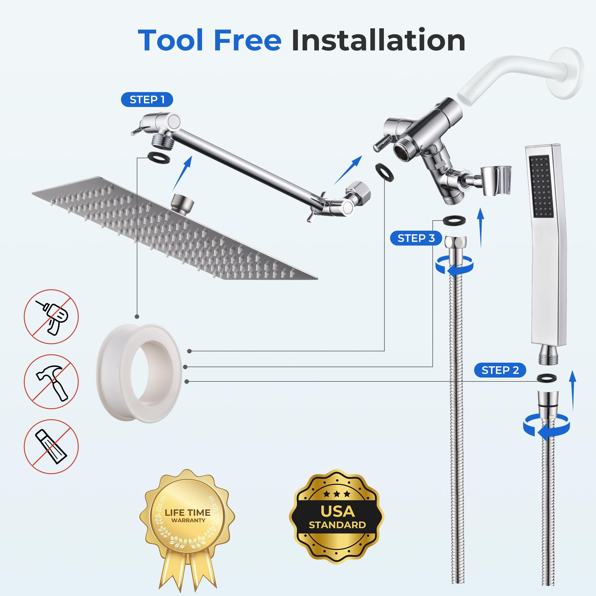 Cuzobro All Metal Dual Square Shower Head With Handheld Spray, 8'' Shower Head Combo Set With 3-Way Diverter, High Pressure Rainfall Shower Head With Extension Arm, 71ββ Extra Long Hose(Chrome)