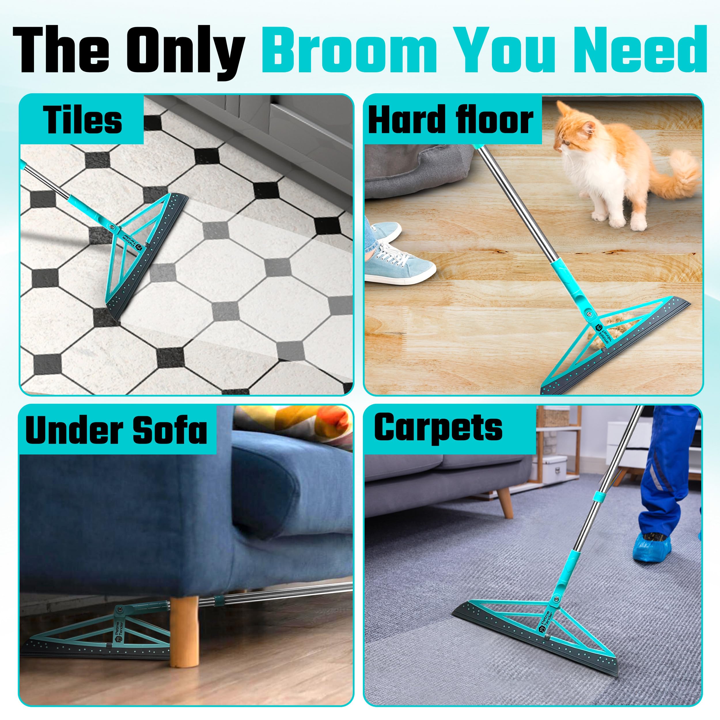 Petme Tender Magic Broom Squeegee Dog Pet Hair Remover, Rotatable, Extendable - Silicone Broom Pet Hair Remover for All-Surfaces Hardwood Floors, Carpet, Tile, Glass, Liquid-Dirt with 60" Handle