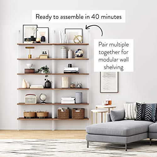 Nathan James Theo 6-Shelf Tall Bookcase, Wall Mount Bookshelf with Natural Wood Finish and Industrial Metal Frame, Rustic Oak/White