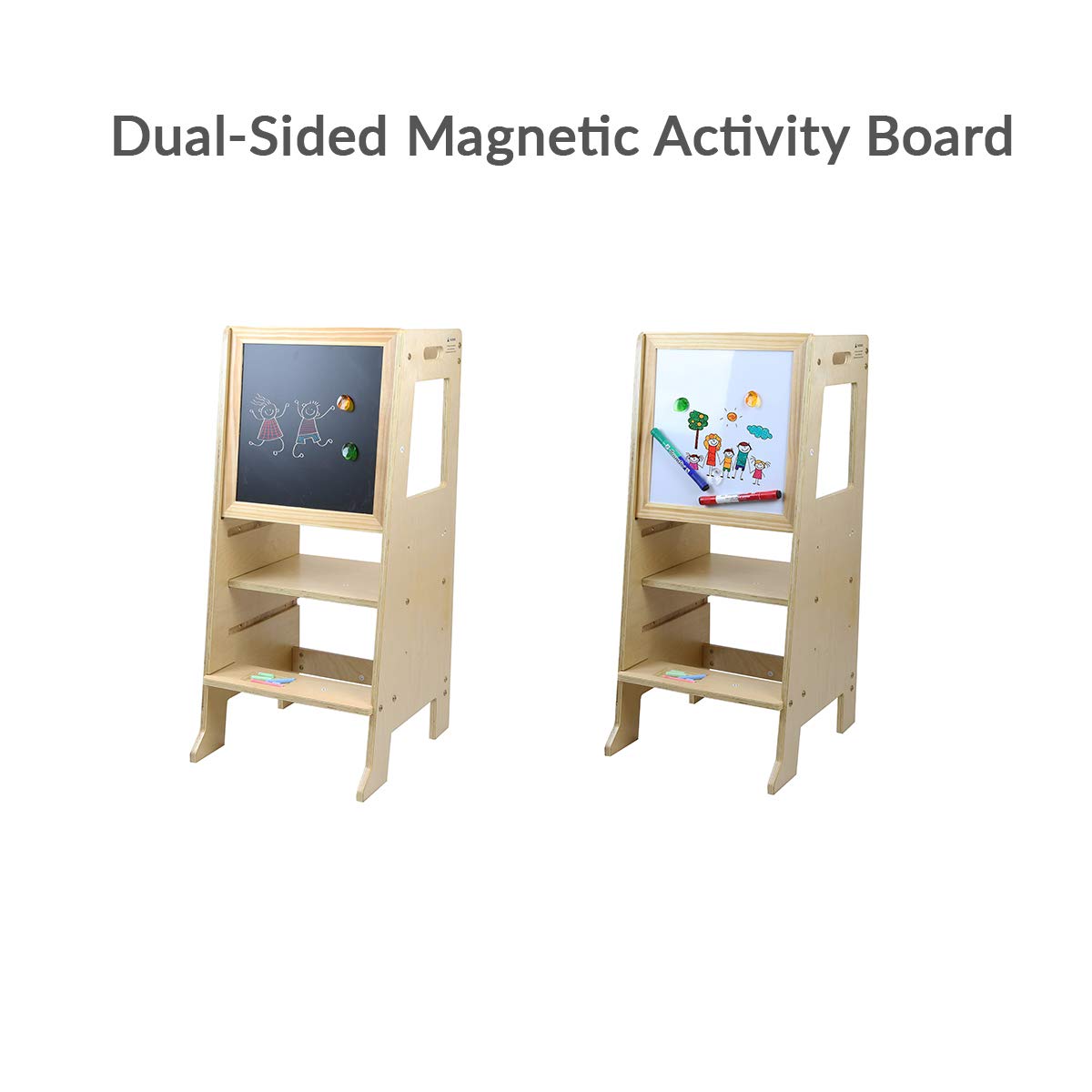 Height Adjustable Kids Kitchen Step Stool with Black and White Activity Board Learning Stool for Toddler Chef Helper Standing Tower