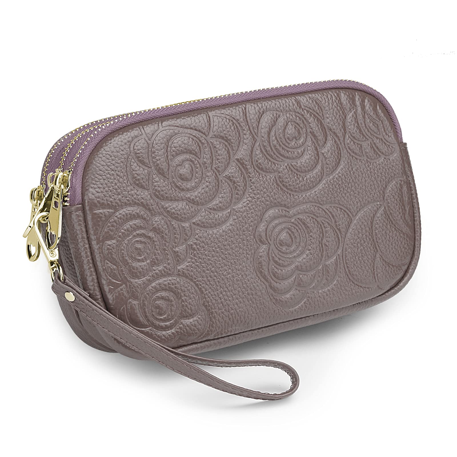 YALUXE Flower Clutch Wristlet Coin Purse Triple Zipper Pocket Womens Genuine Leather Zipper Wallet Pouch