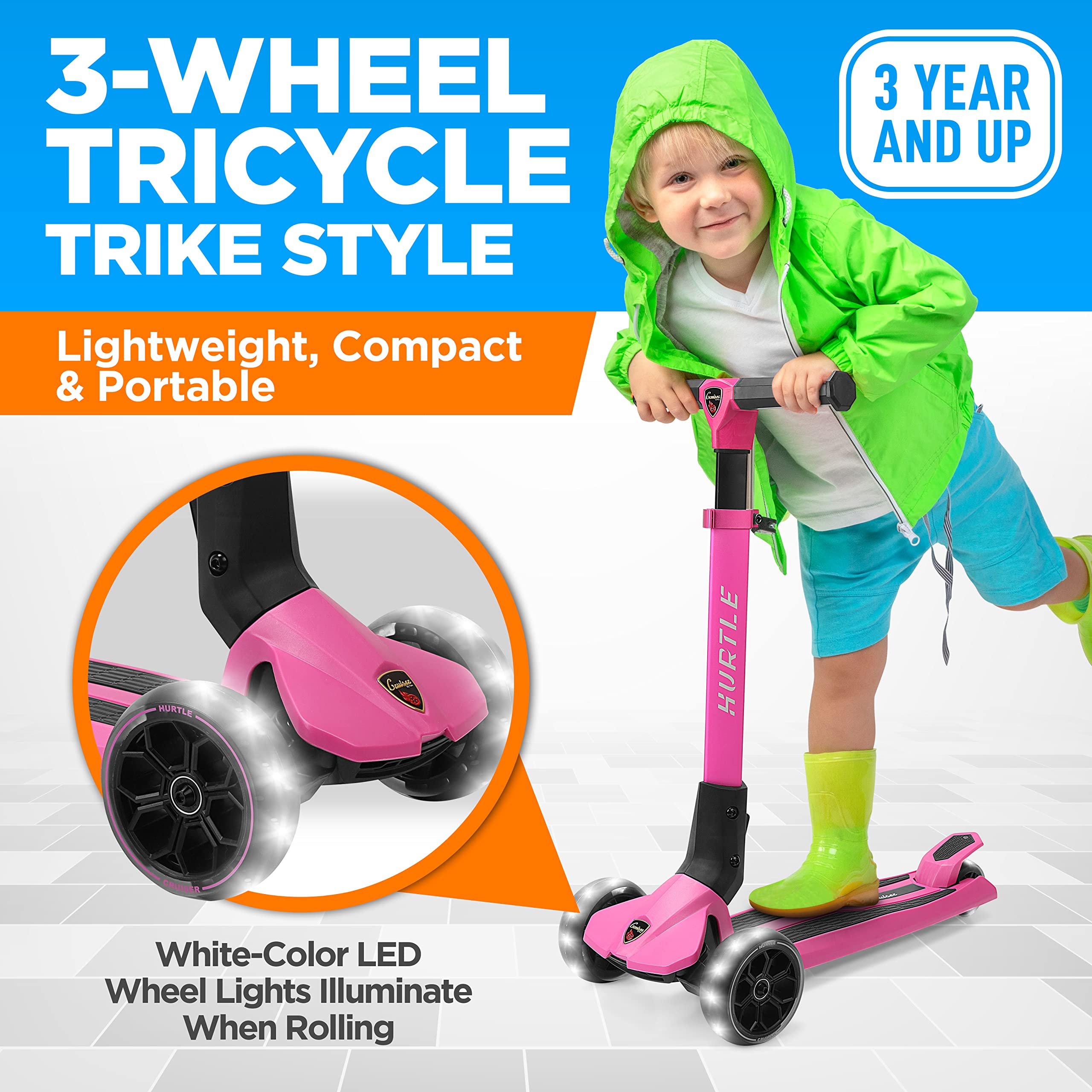 Hurtle 3 Wheeled Scooter for Kids - Foldable Stand Child Toddlers Toy Kick Scooters w/Built-in LED Wheel Lights, Anti-Slip Wide Deck, Adjustable Height, Great for Outdoor Fun -, Pink
