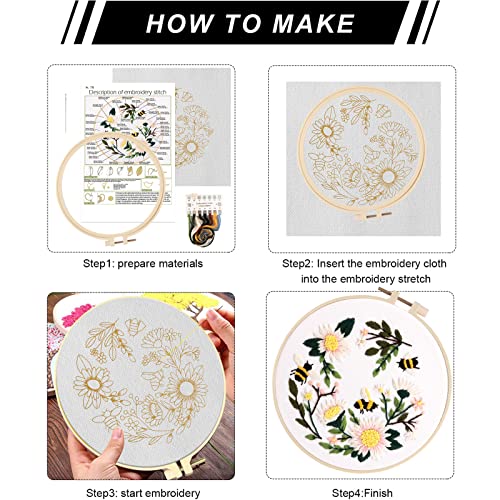 Lukinbox Embroidery Starter Kit for Beginners, 3 Sets Cross Stitch Kits for Adults, Include Embroidery Clothes with Cute Bees and Flowers Patterns, 1 Embroidery Hoop, Threads, Needles and Instruction